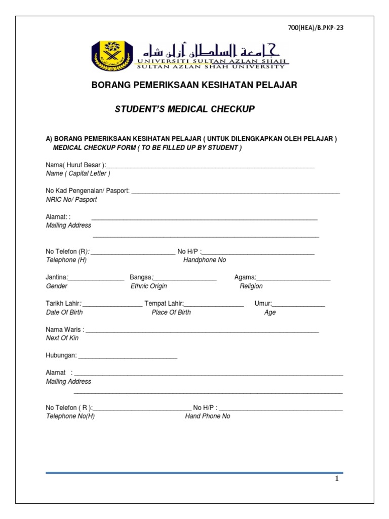 7-Borang Pemeriksaan Kesihatan | PDF