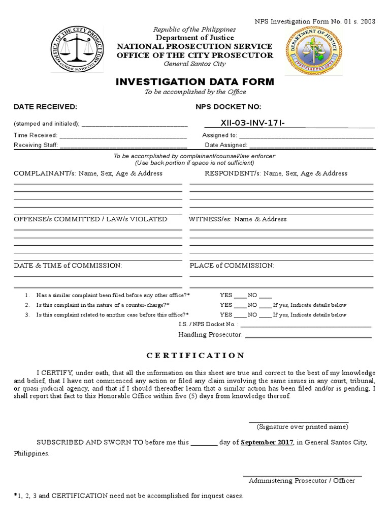 NPS Investigation DATA Form | PDF | Prosecutor | Complaint