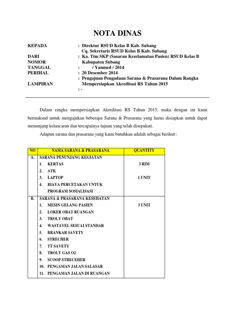 Nota Dinas Ajuan Pengadaan Sarana Prasarana SKP | PDF