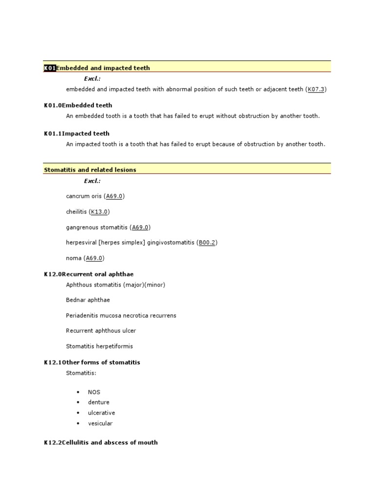 K01 Codes for Embedded and Impacted Teeth | PDF