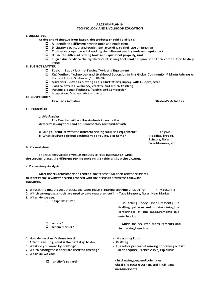 TLE Lesson Plan: Sewing Tools & Care | PDF | Scissors | Sewing