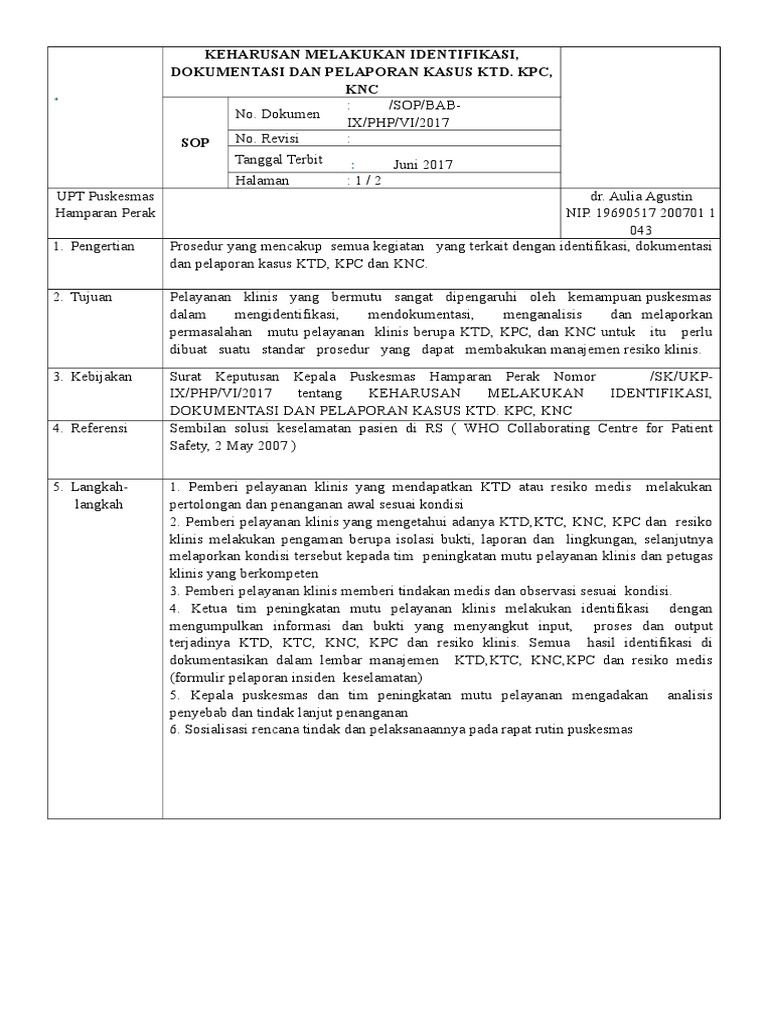 9.1.1.5 SOP Keharusan Melakukan Identifikasi, Dokumentasi Dan Pelaporan Kasus KTD KNC, KPC | PDF