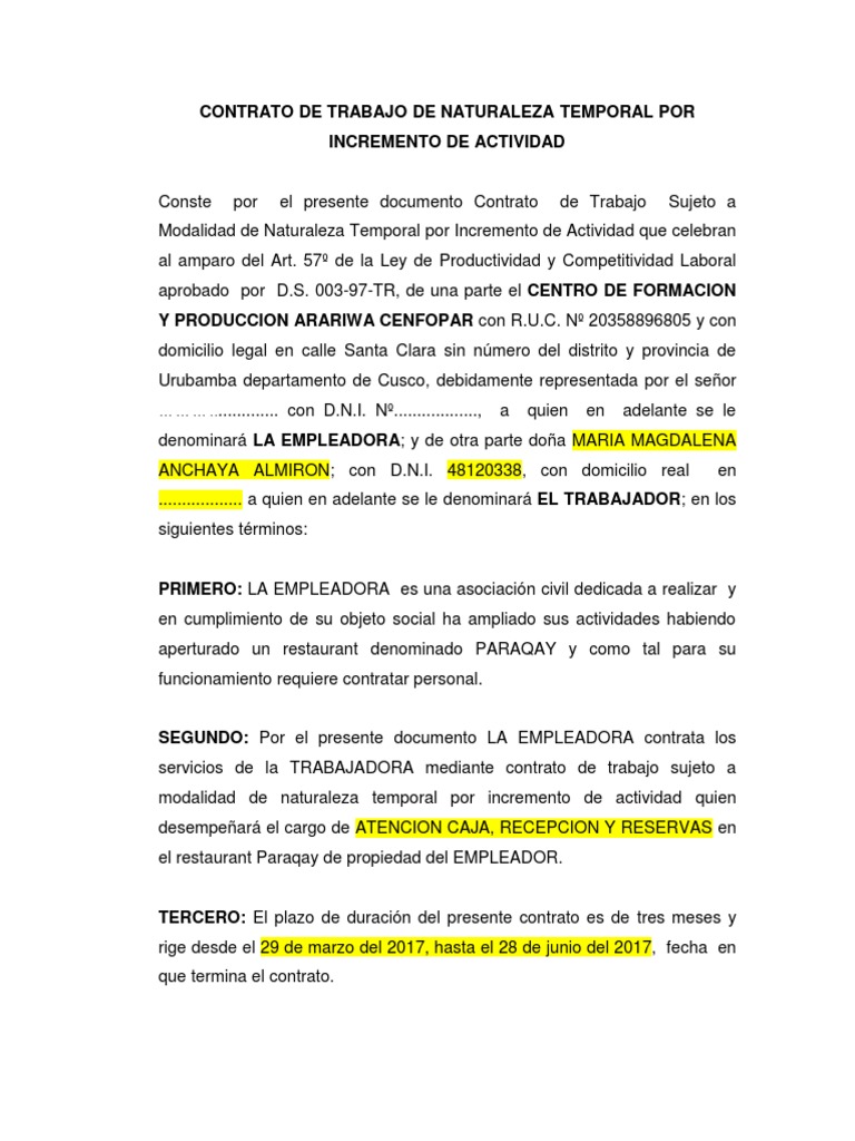 Contrato de Trabajo Por Incremento de Actividad | PDF | Derecho laboral | Sociedad de ...