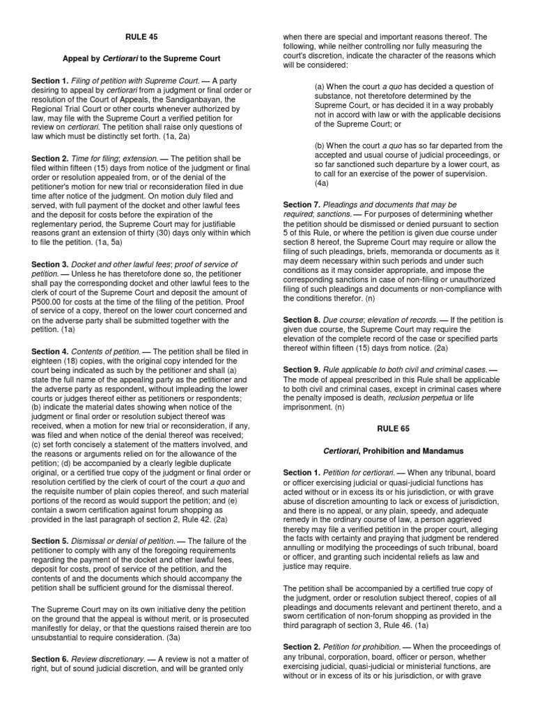 RULE 45 and RULE 65 | PDF | Judgment (Law) | Certiorari