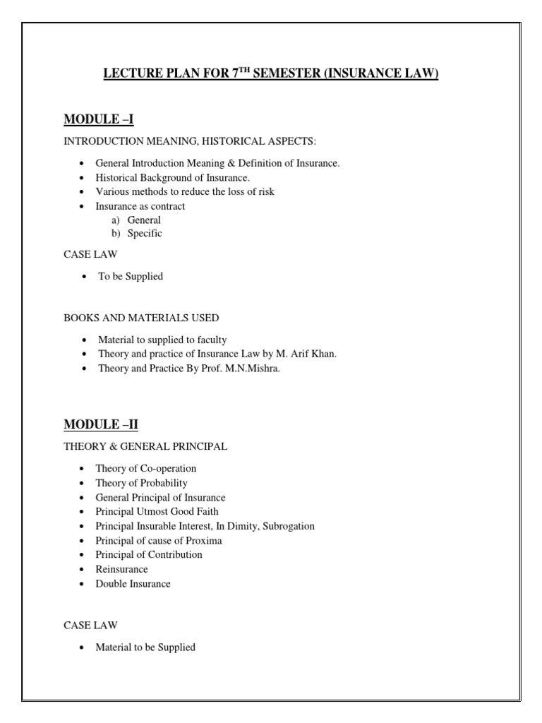 Lecture Plan For 7 Semester (Insurance Law) | PDF