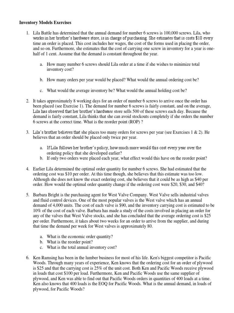 Inventory Models Exercises | PDF | Inventory | Distribution (Business)