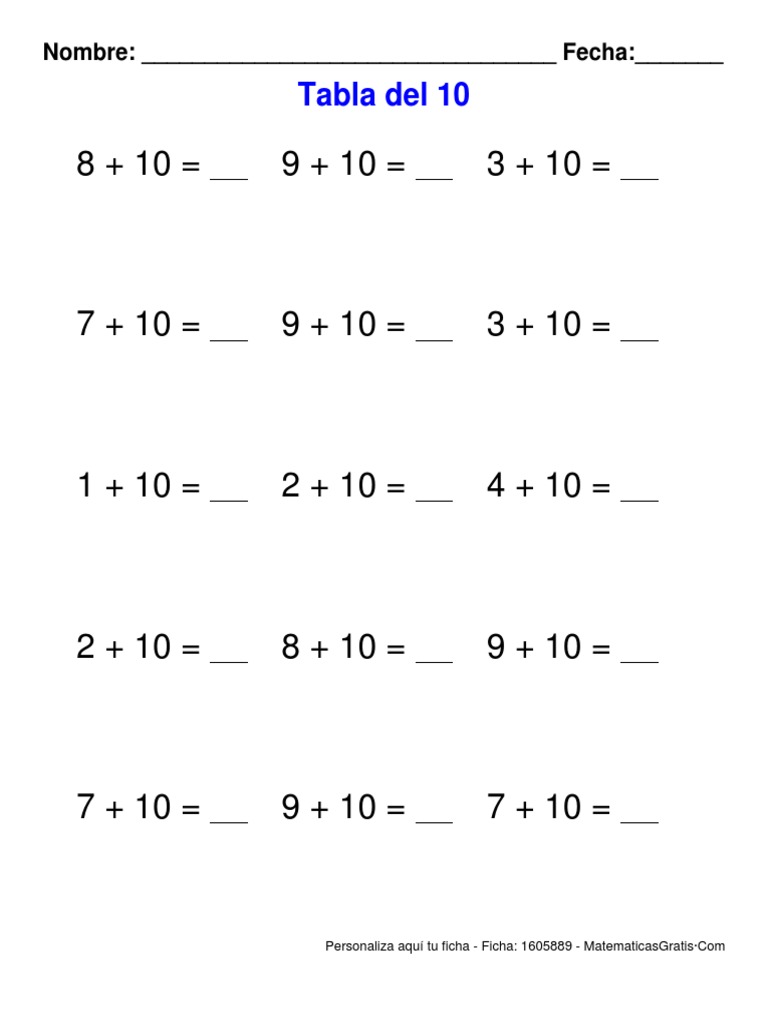 Tabla de Sumar Del 10 PDF | PDF