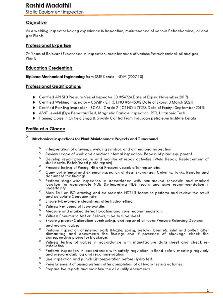 Static Equipment Inspector Profile | PDF | Pipe (Fluid Conveyance ...