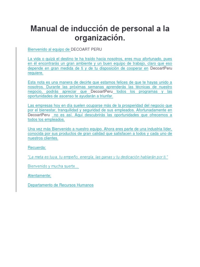 Manual de Inducción de Personal a La Organización | Derecho laboral ...