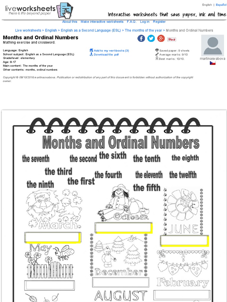 Months and Ordinal Numbers - Interactive Worksheet PDF | PDF