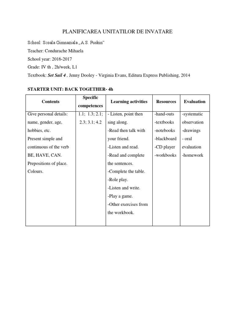 Planif Unit 4 | PDF | Educational Assessment | Grammar