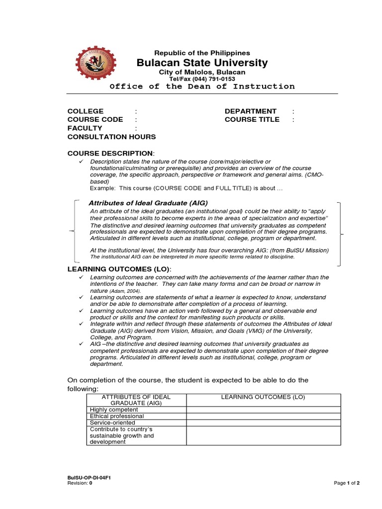 BulSU OBE Syllabus Template | PDF | Educational Assessment | Rubric (Academic)