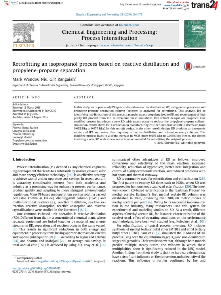 Retrofitting An Isopropanol Process Based On Reactive Distillation and ...