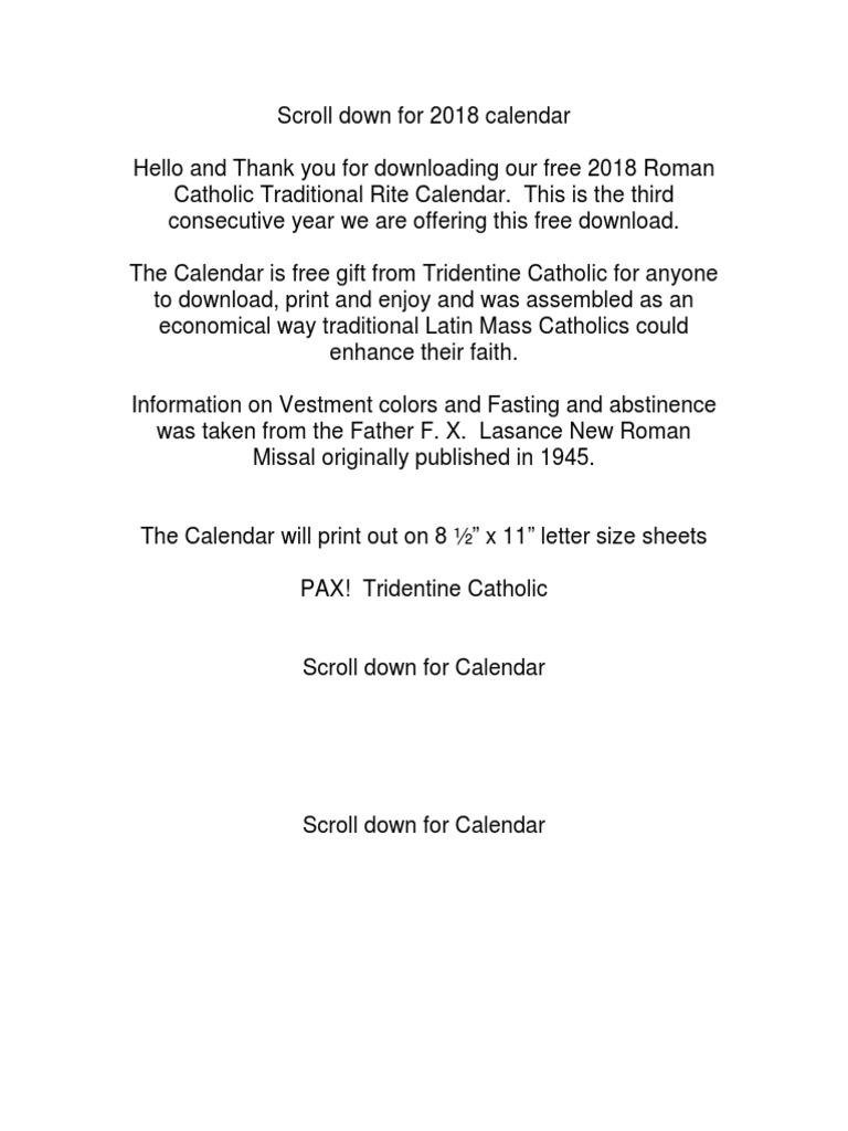 2018 Roman Catholic Traditional Rite Calendar | PDF | Lent | Fasting