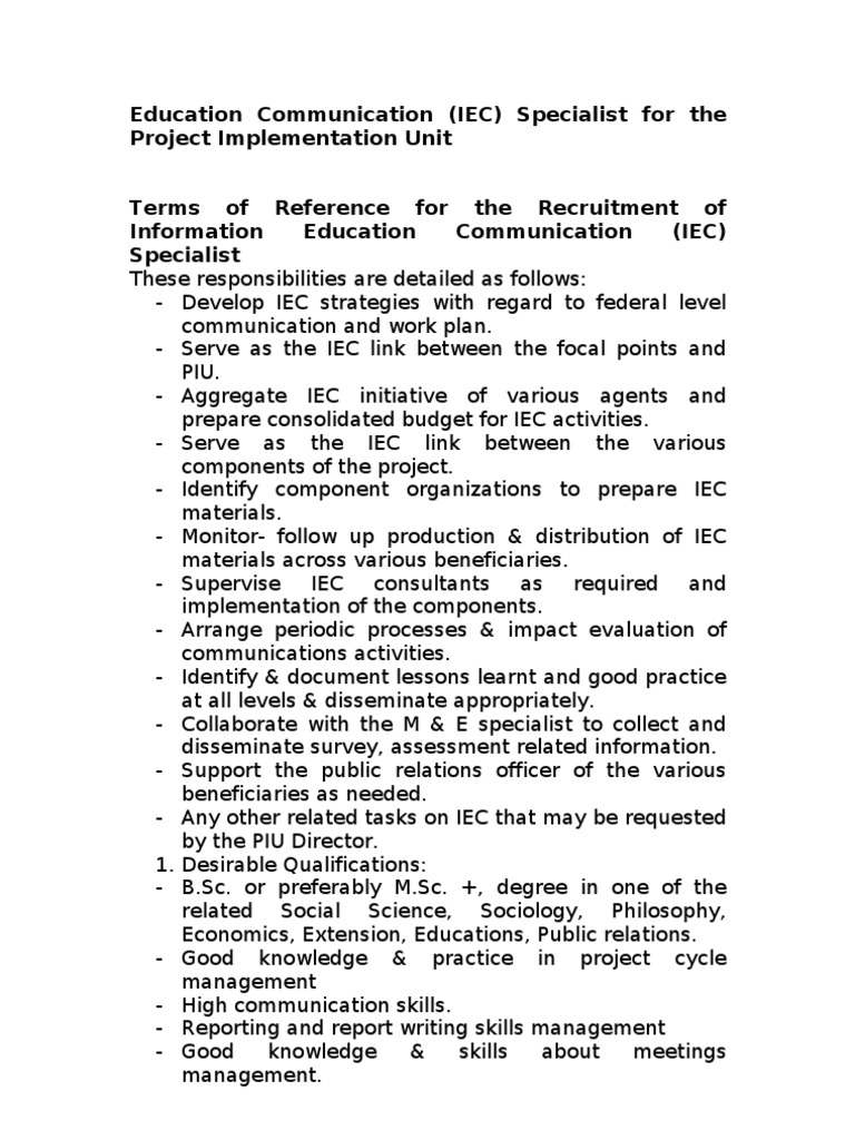 IEC Specialist Recruitment Terms | PDF | Recruitment | Public Relations