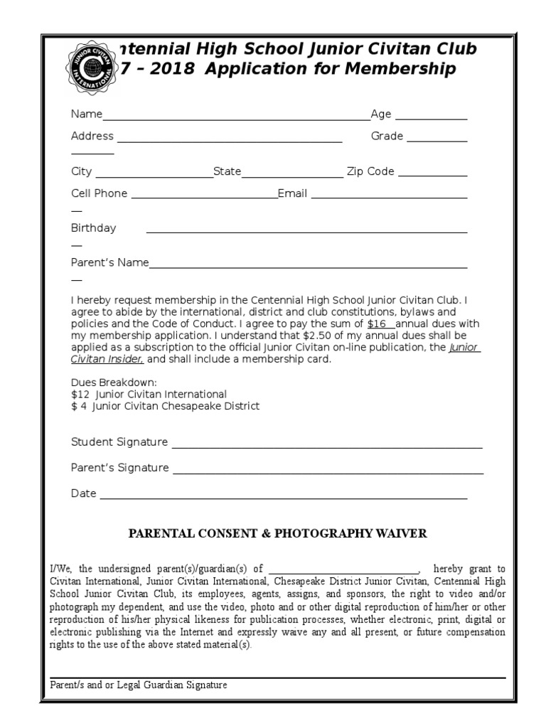 Centennial High School Junior Civitan Club 2017 - 2018 Application For ...