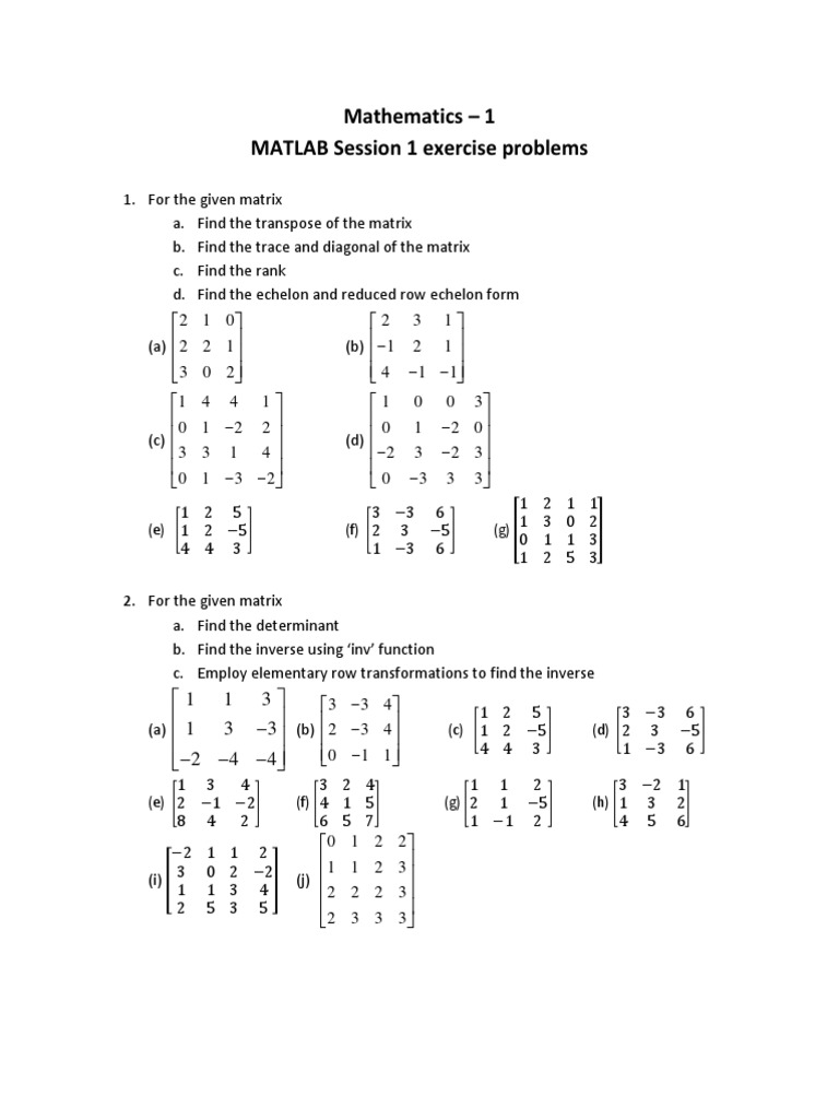 MATLAB Session 1 Exercise Problems | PDF