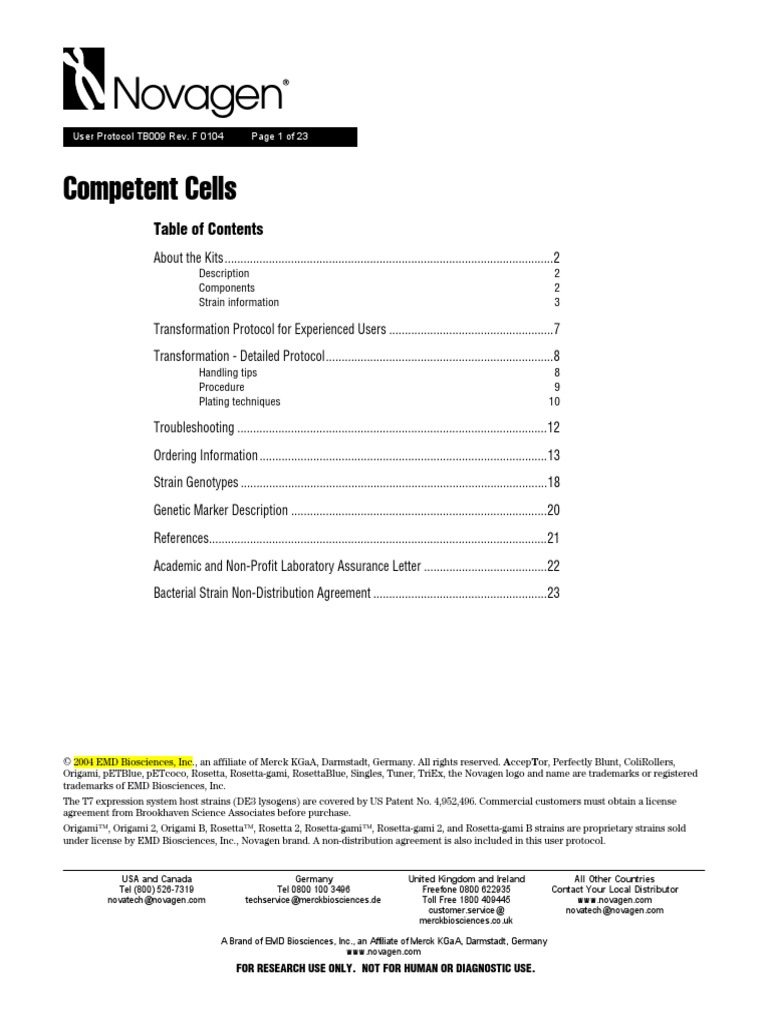 Novagen Competent Cells22004good | PDF | Transformation (Genetics ...