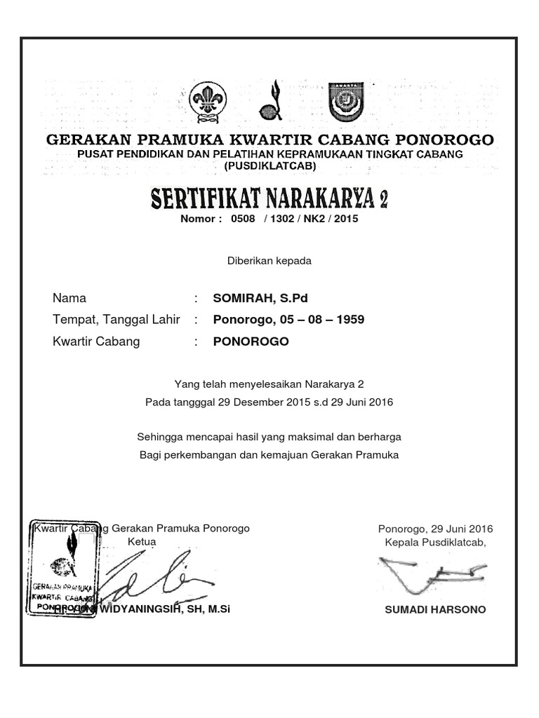 Sertifikat Narakarya 2 Pramuka | PDF