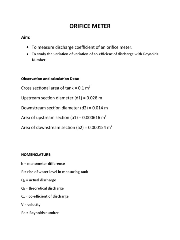 Orifice Meter: Observation and Calculation Data | Download Free PDF | Flow Measurement | Civil ...