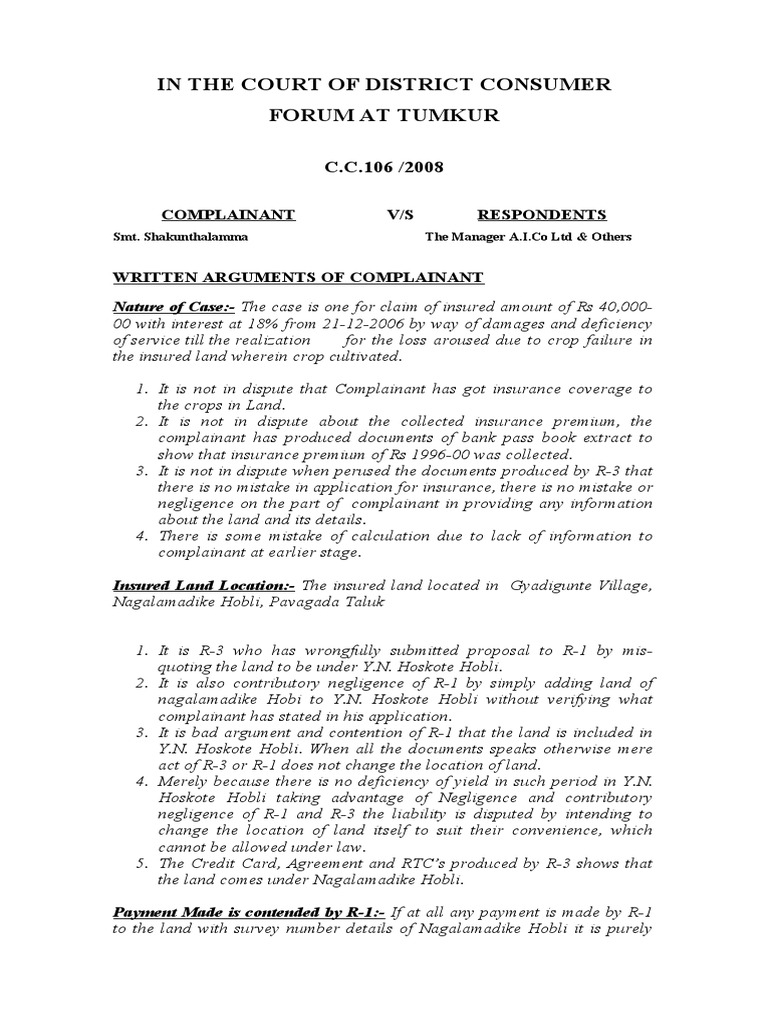 CONSUMER COURT Written Arguments On Crop Insurance | Storms | Insurance
