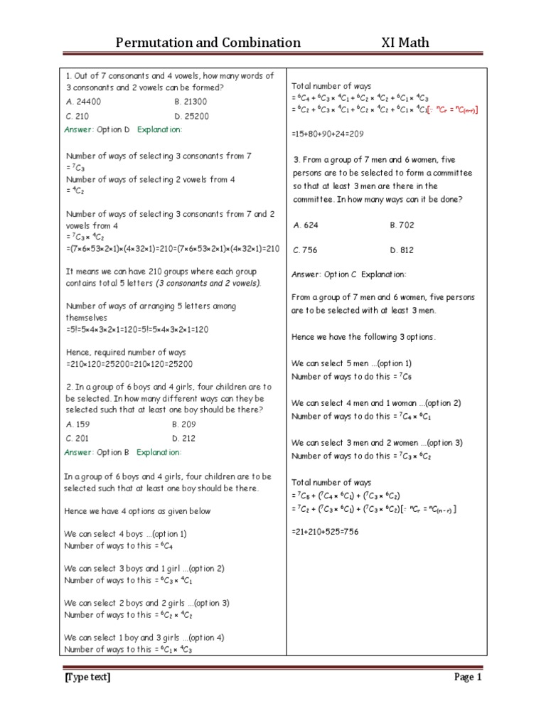 Permutation and Combination XI Math | PDF | Consonant | Languages