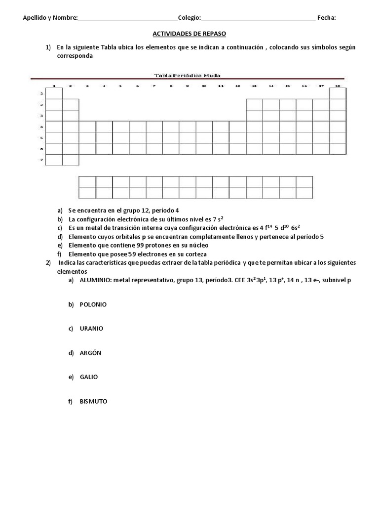 Actividades de Repaso TABLA PERIÓDICA