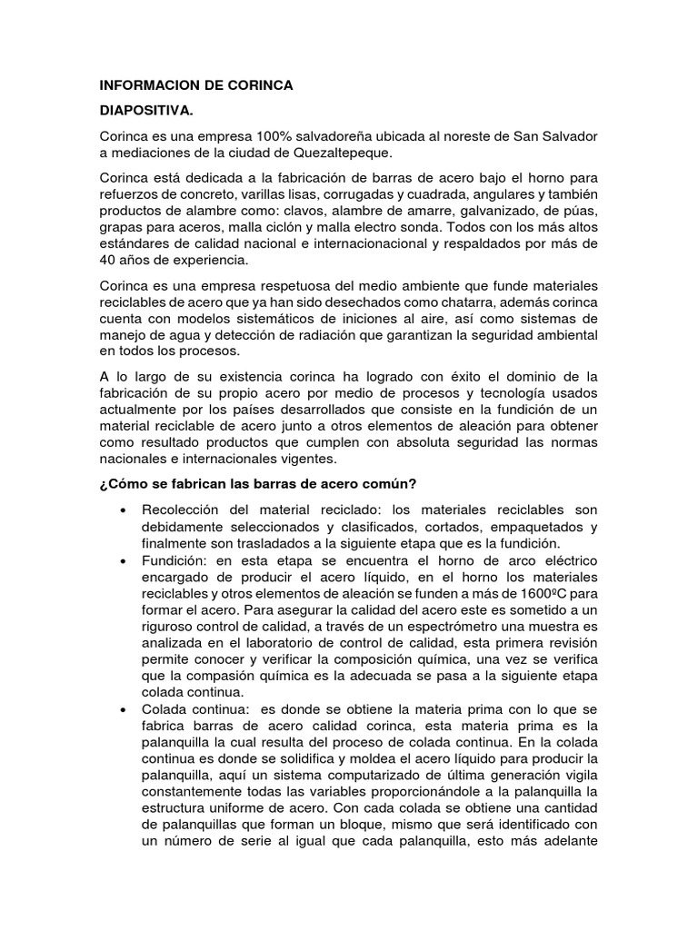 Informacion de Corinca | Cable | Acero