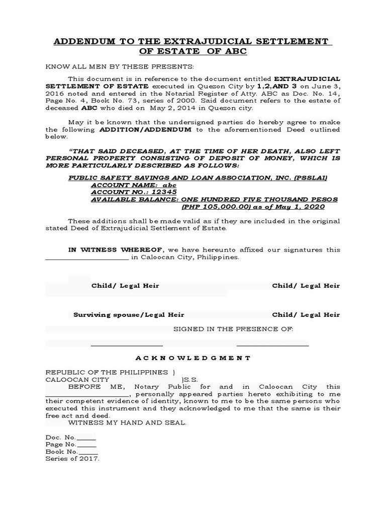 Addendum to Extrajudicial Settlement | PDF