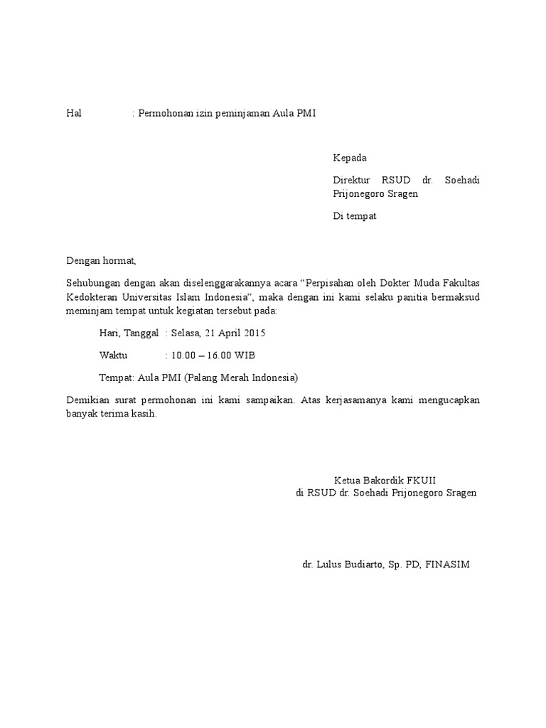 Surat Permohonan Peminjaman Aula PMI | PDF