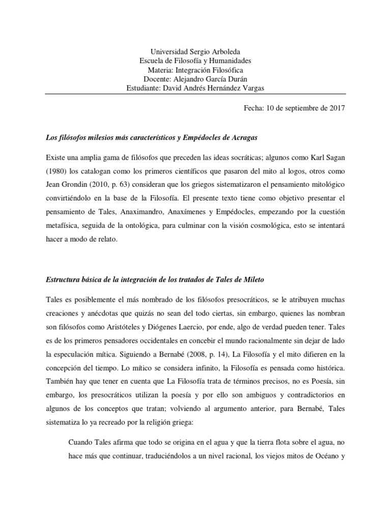 Los Filósofos Milesios Más Característicos y Empédocles de Acragas ...