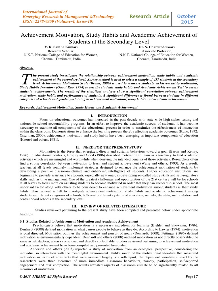 Achievement Motivation, Study Habits and Academic Achievement of ...