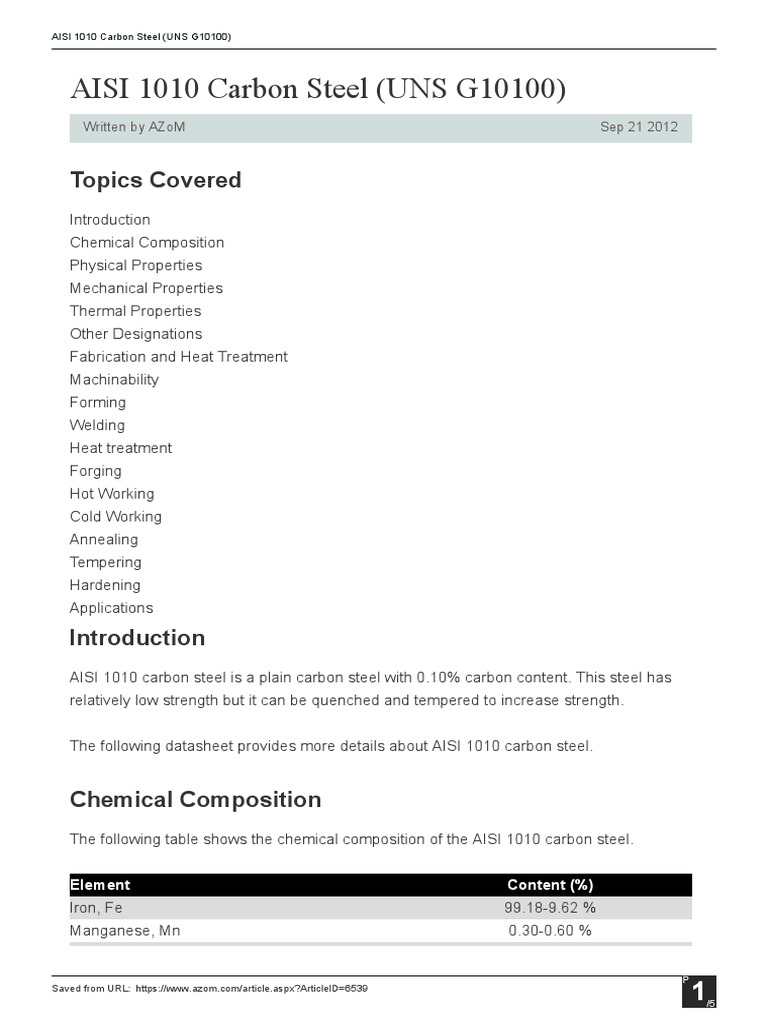 Aisi 1010 Carbon Steel (Uns g10100) | PDF | Annealing (Metallurgy) | Steel