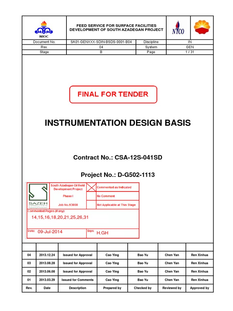 SA01 GENXXX SDIN BSDS 0001 B04 A - Instrumentation Design Basis Sazeh Commented | PDF ...