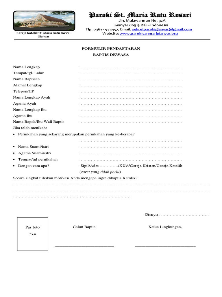 Formulir Pendaftaran Baptis Dewasa | PDF