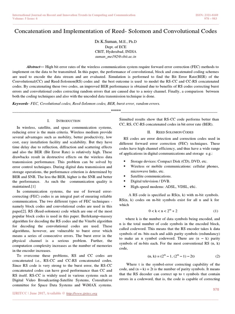Concatenation And Implementation Of Reed Solomon And Convolutional Codes Pdf Forward Error