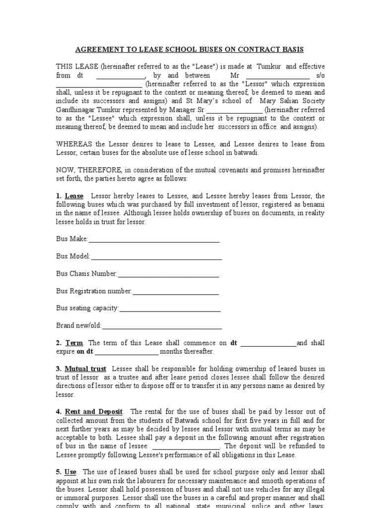 Agreement To Lease School Buses On Contract Basis | PDF | Lease | Indemnity