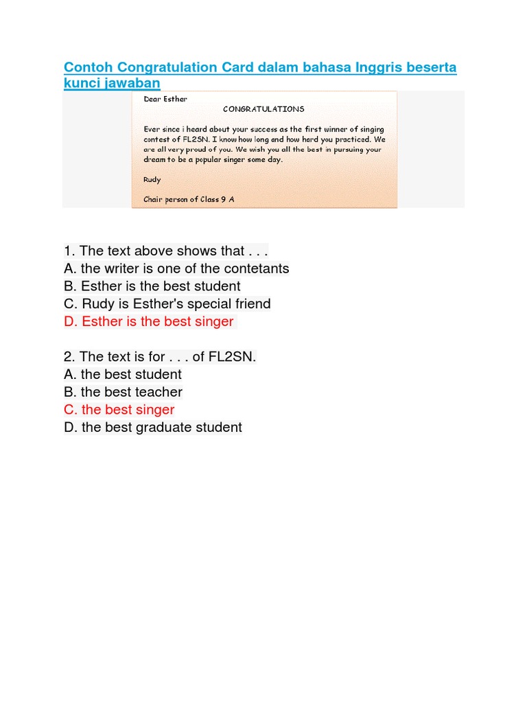 Contoh Congratulation Card Dalam Bahasa Inggris Beserta Kunci Jawaban | PDF