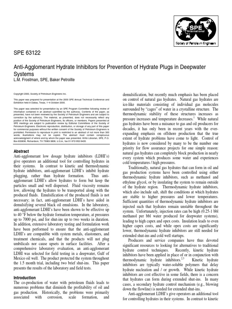 Anti-Agglomerant Hydrate Inhibitors For Prevention of Hydrate Plugs in ...