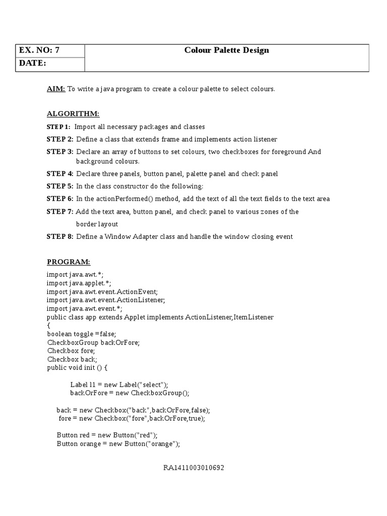 EX. NO: 7 Colour Palette Design Date:: Step 1 | PDF | Java (Programming ...