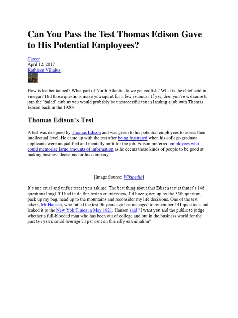 Can You Pass The Test Thomas Edison | PDF | Nature
