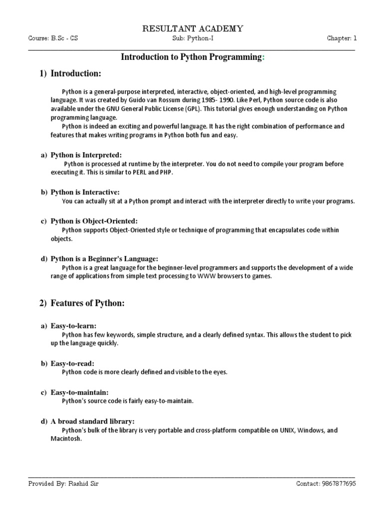 Introduction To Python Programming 1) Introduction:: Resultant Academy ...
