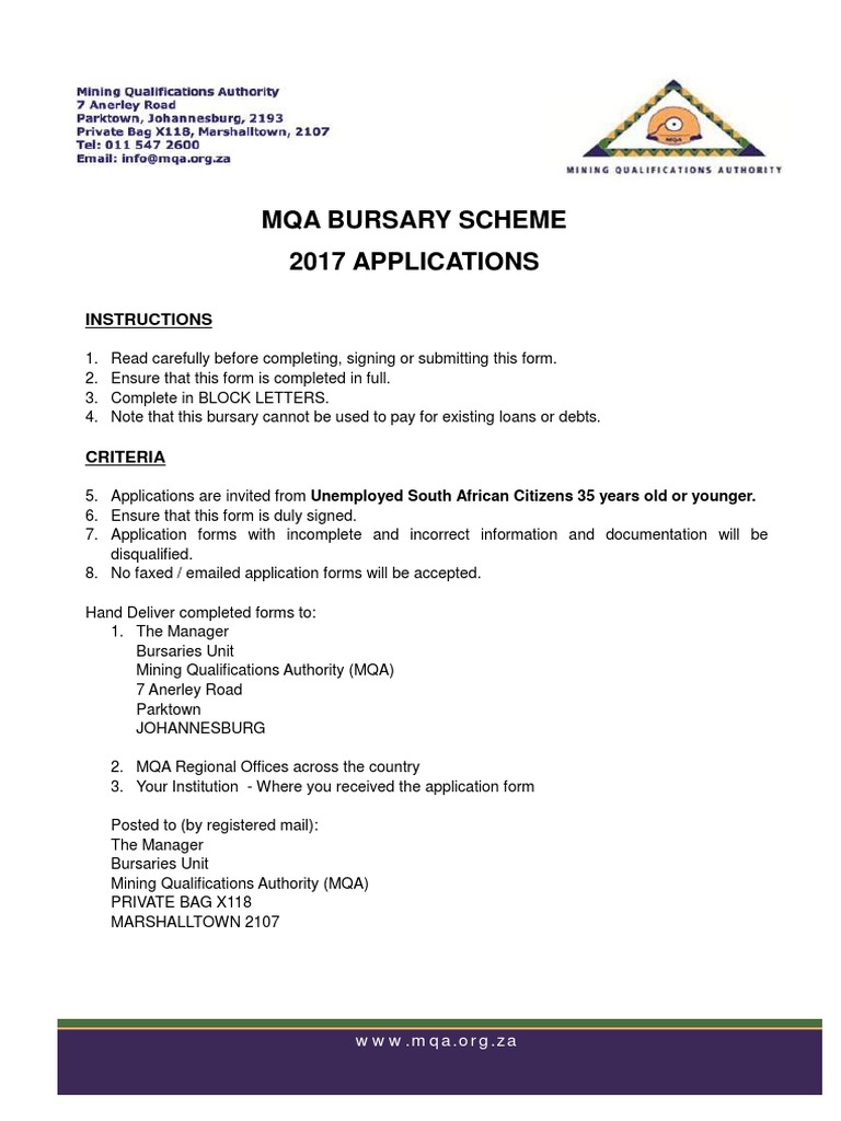 MQA Bursary Application Form 2017 | Academic Term | Identity Document