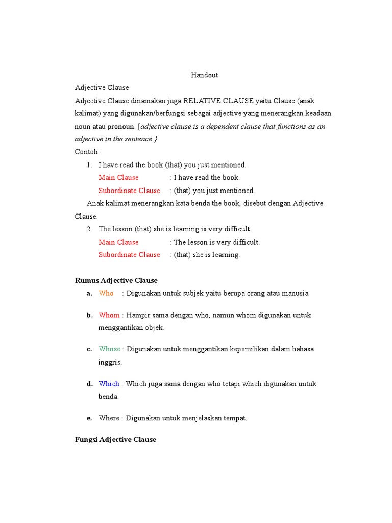Handout Adjective Clause | PDF | Clause | Adjective
