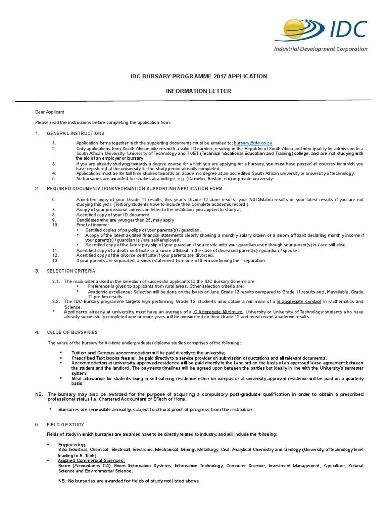 IDC Bursary Application Form 1 | University And College Admission ...