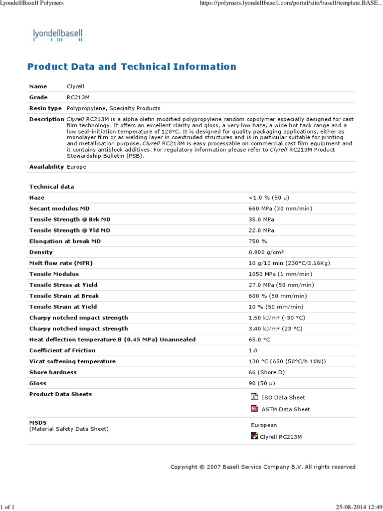 PP Clyrell Rc213m Random Cast Film | PDF | Strength Of Materials ...