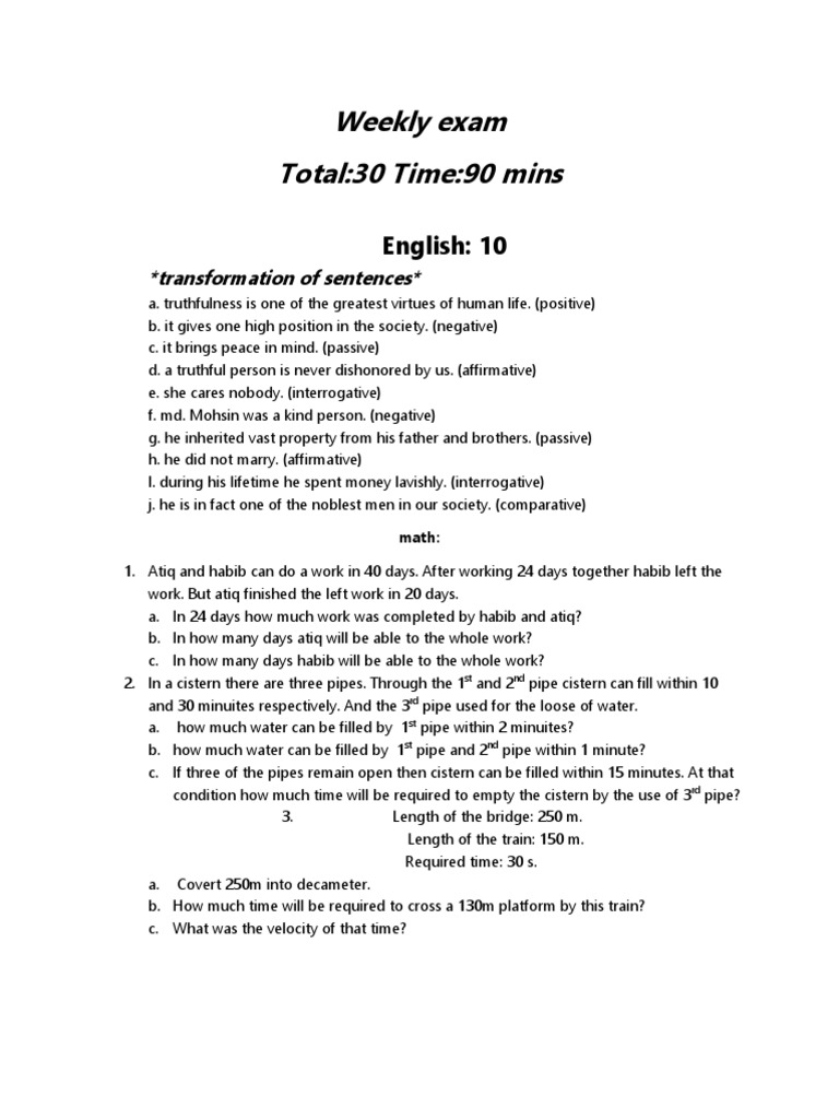 Weekly Exam Total:30 Time:90 Mins: English: 10 | PDF