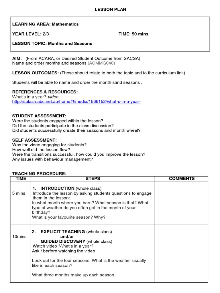 Months and Seasons Lesson Plan | PDF | Lesson Plan | Educational Assessment