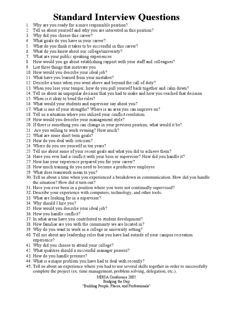 Standard Interview Questions: MIRSA Conference 2005 Bridging The Gap ...
