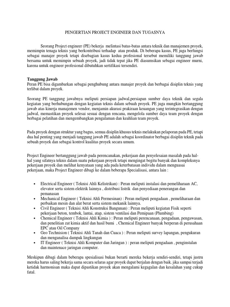 Tugas dan Peran Project Engineer | PDF